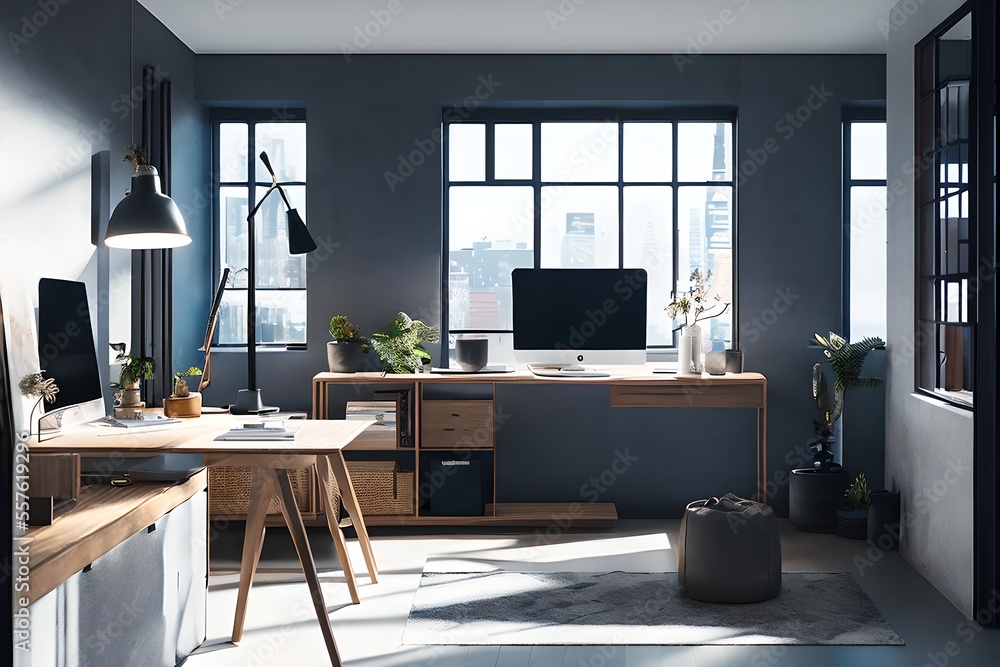 Cozy, Modern home office workplace with computer and desk, wooden floor ...