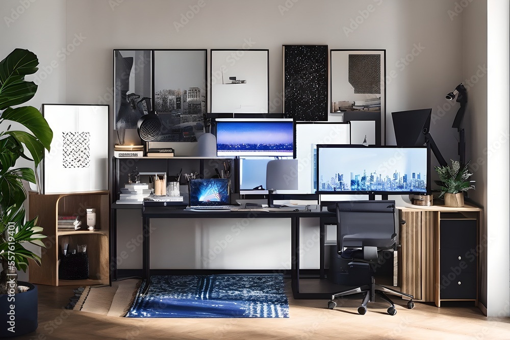 Cozy, Modern home office workplace with computer and desk, wooden floor ...