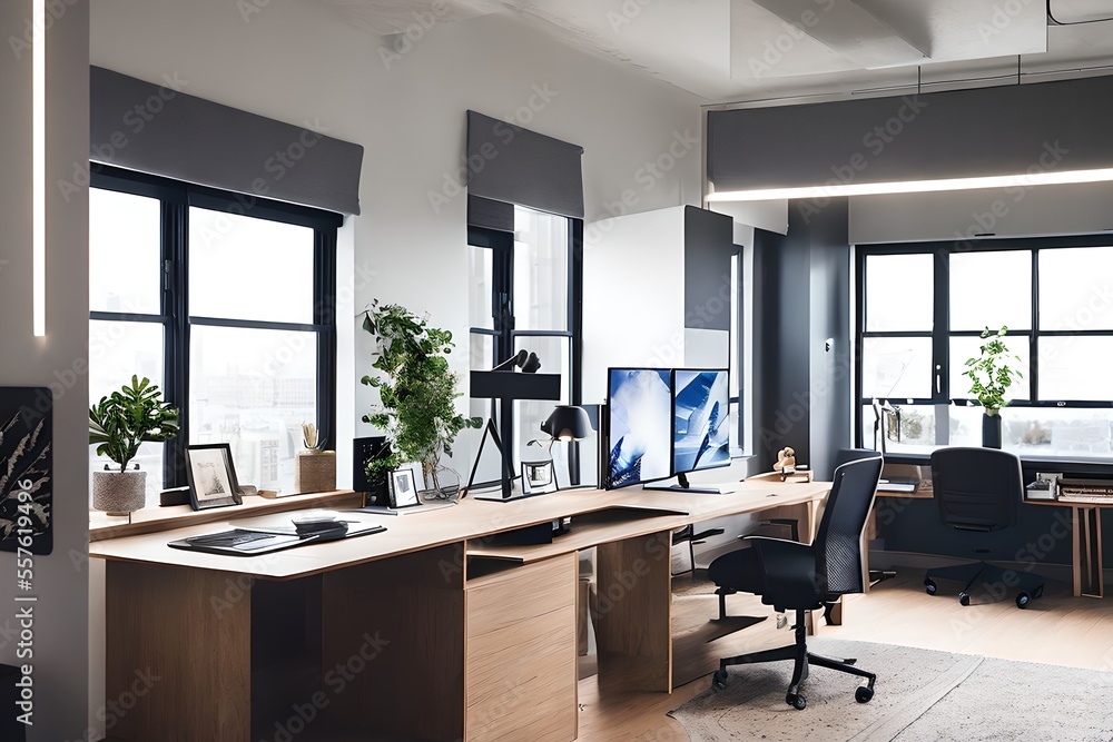 Cozy, Modern home office workplace with computer and desk, wooden floor ...