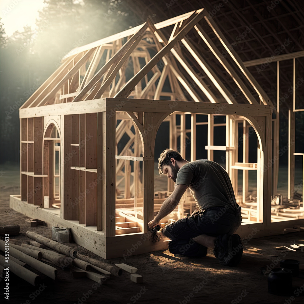 A strong carpenter building a frame of a wooden framed home ...