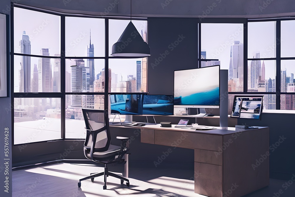 Cozy, Modern home office workplace with computer and desk, wooden floor ...