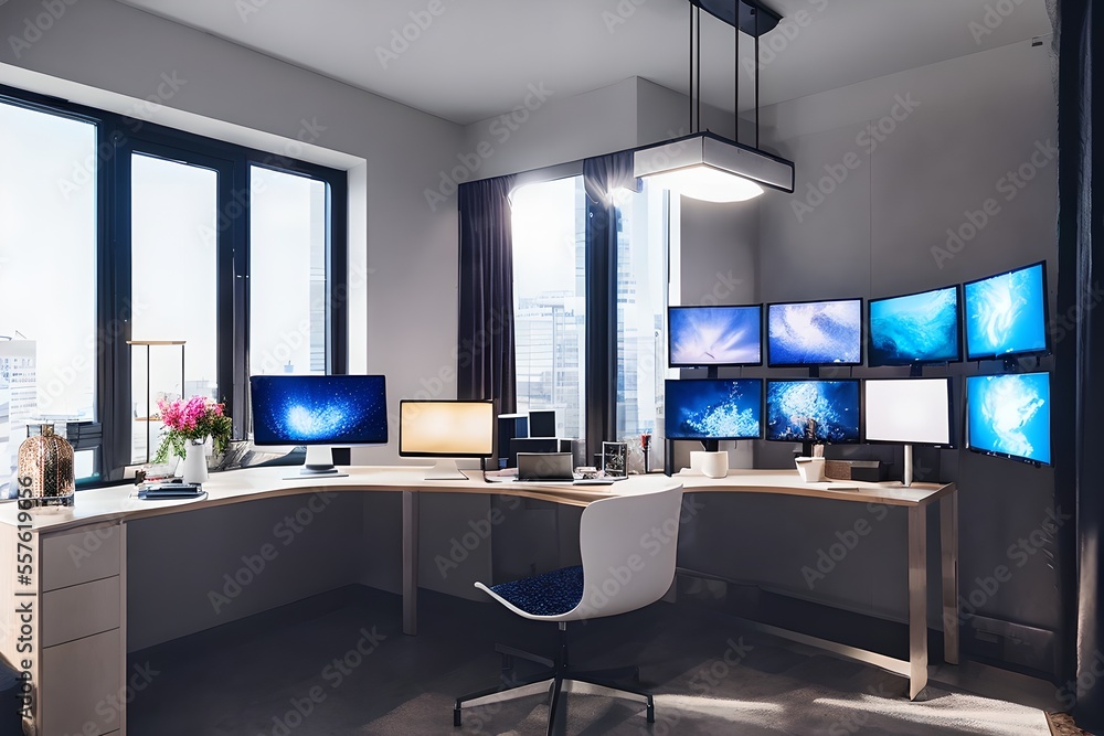 Cozy, Modern home office workplace with computer and desk, wooden floor ...