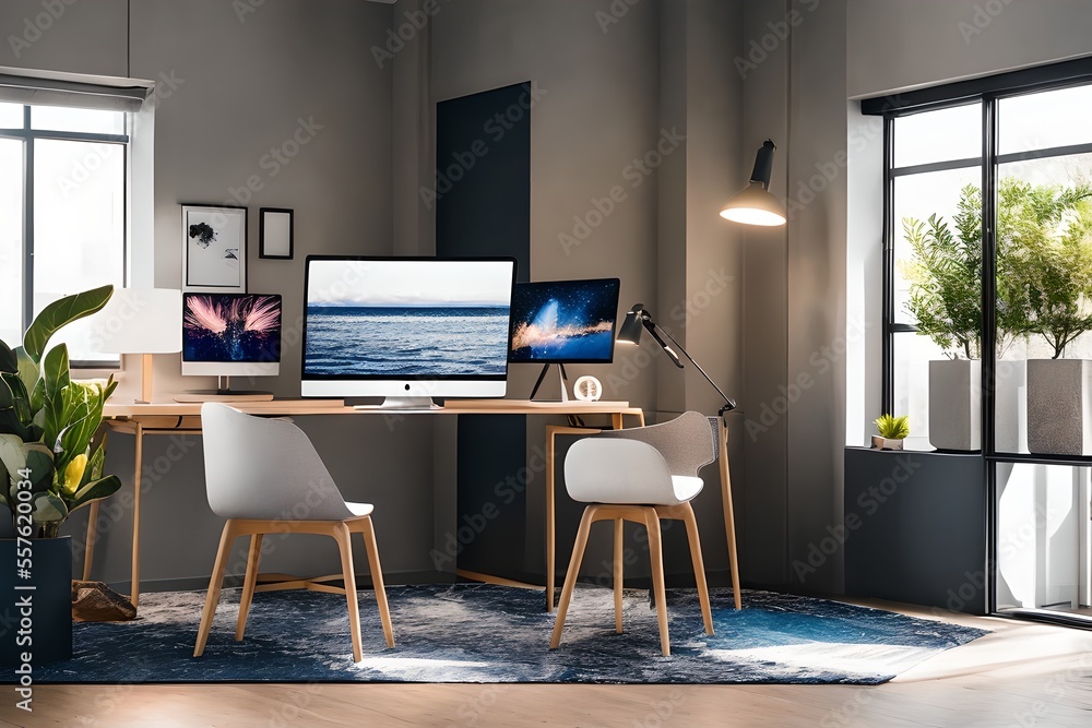 Cozy, Modern home office workplace with computer and desk, wooden floor ...