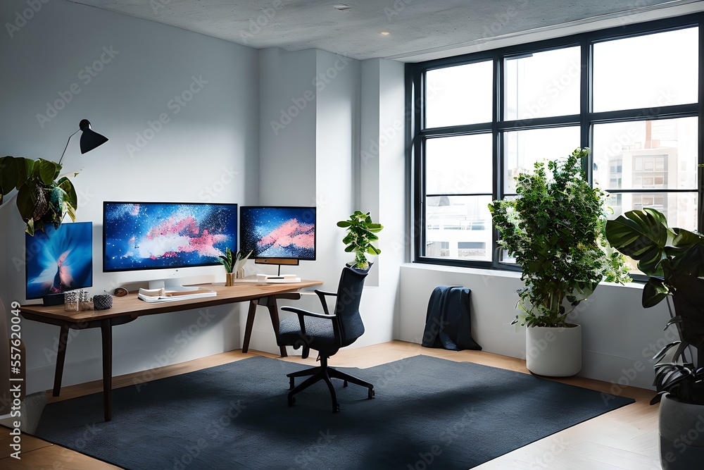 Cozy, Modern home office workplace with computer and desk, wooden floor ...