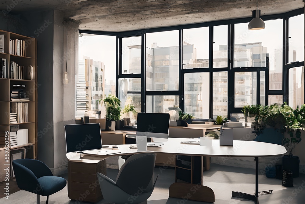 Cozy, Modern home office workplace with computer and desk, wooden floor ...