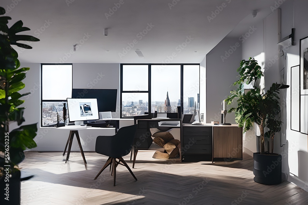 Cozy, Modern home office workplace with computer and desk, wooden floor ...