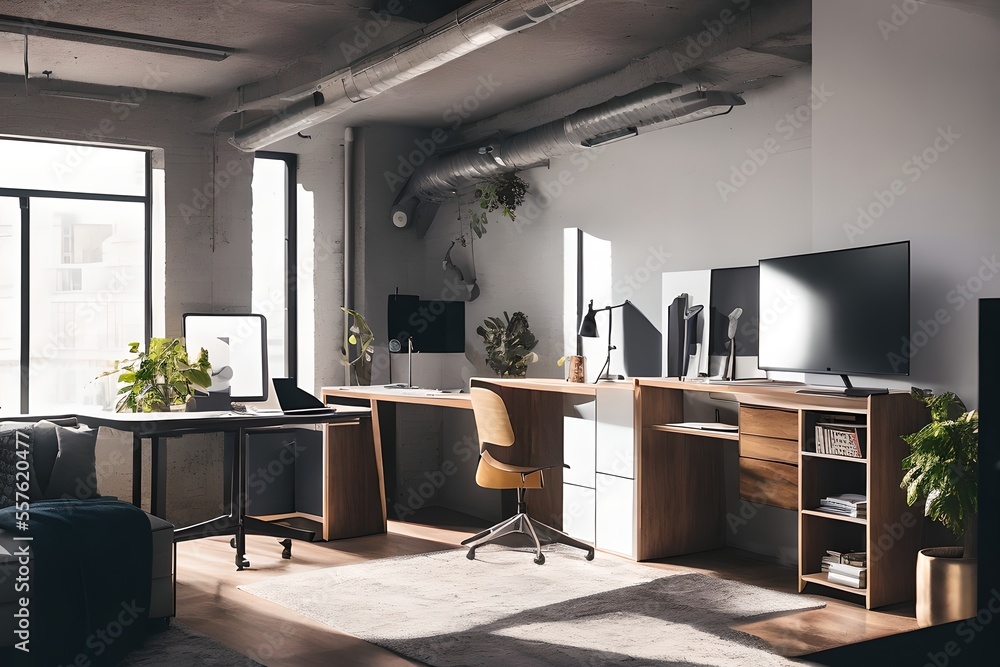 Cozy, Modern home office workplace with computer and desk, wooden floor ...