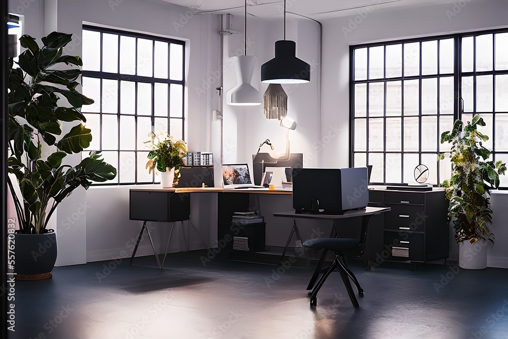 Cozy, Modern home office workplace with computer and desk, wooden floor ...