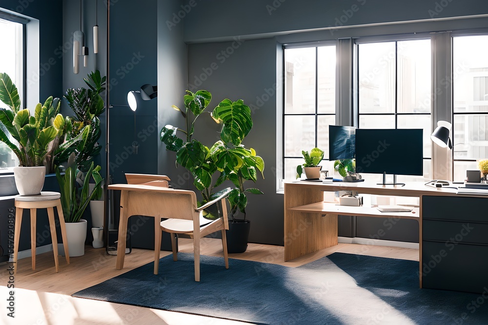 Cozy, Modern home office workplace with computer and desk, wooden floor ...