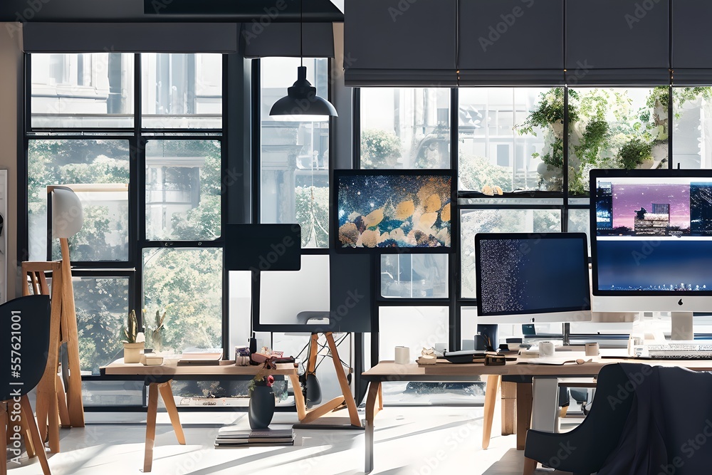 Cozy, Modern home office workplace with computer and desk, wooden floor ...