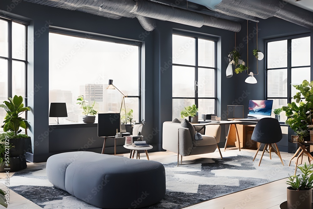 Cozy, Modern home office workplace with computer and desk, wooden floor ...