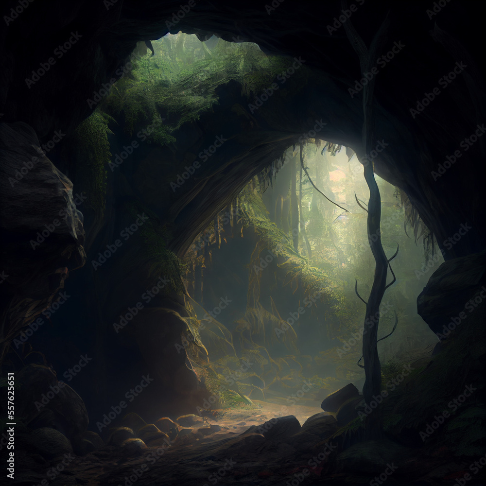 deep dark cave in a green forest, tunel in jungle generative ai Stock ...