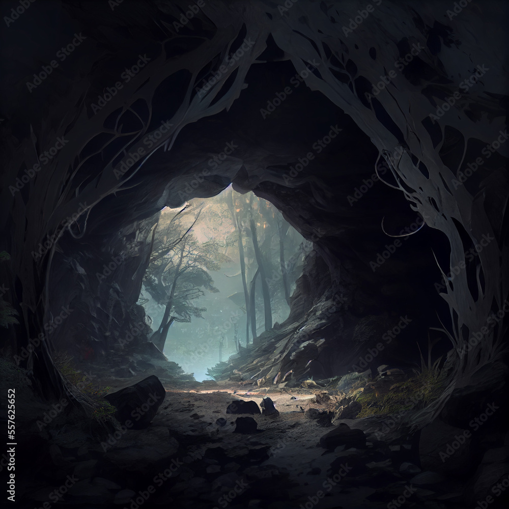 deep dark cave in a green forest, tunel in jungle generative ai Stock ...