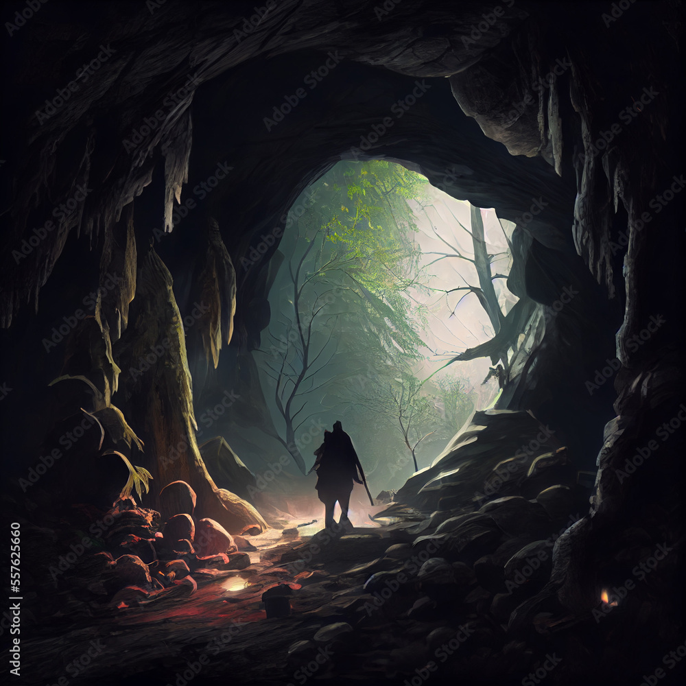 deep dark cave in a green forest, tunel in jungle generative ai ...