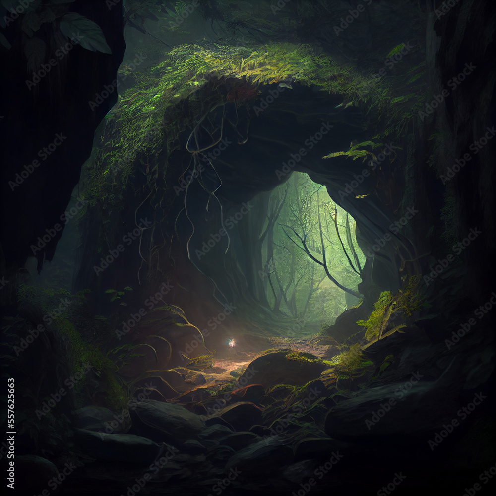 deep dark cave in a green forest, tunel in jungle generative ai Stock ...