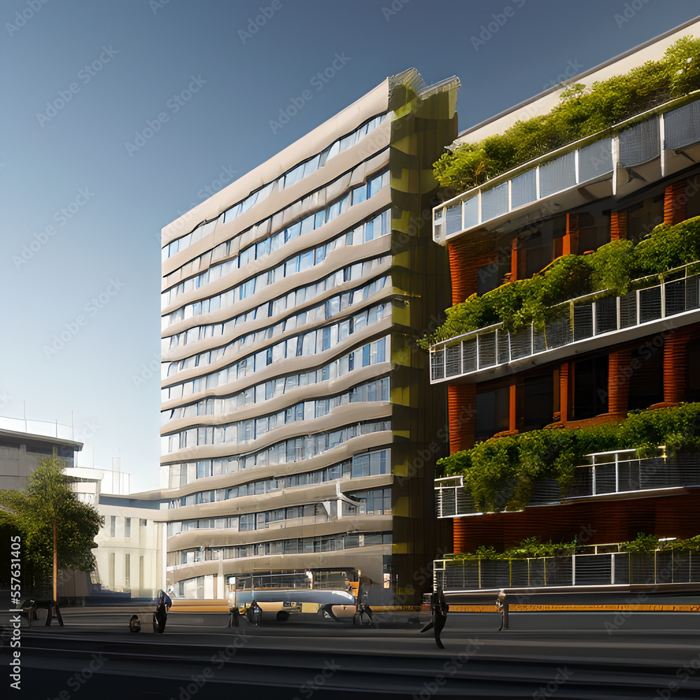 elevation of building, metallic exoskeleton on side of the building ...