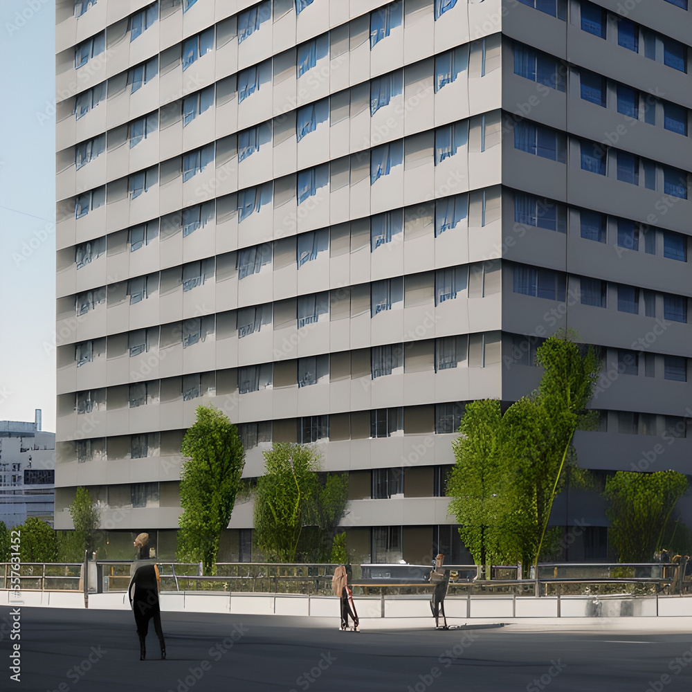 elevation of building, metallic exoskeleton on side of the building ...