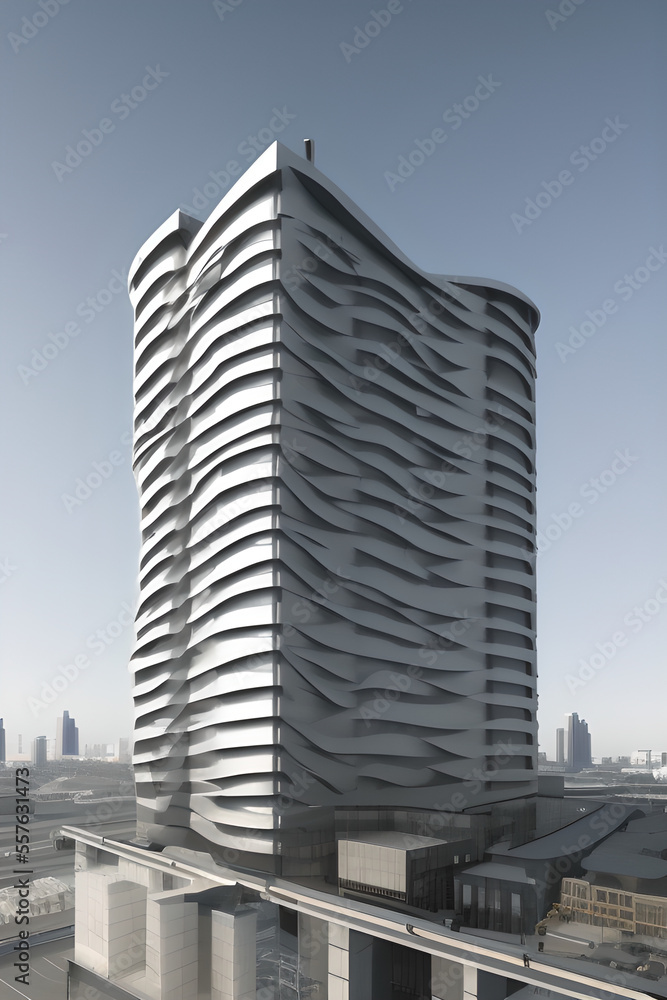 elevation of building, metallic exoskeleton on side of the building ...