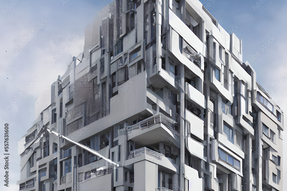 elevation of building, metallic exoskeleton on side of the building ...