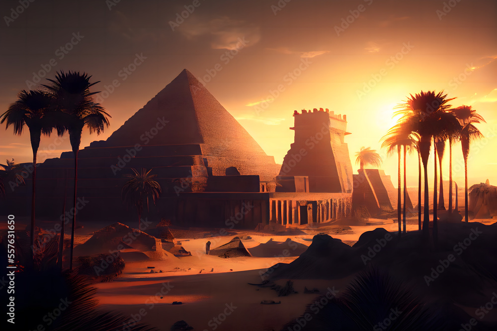Ancient Egypt, pyramids, palm trees, golden city, oasis in the desert ...