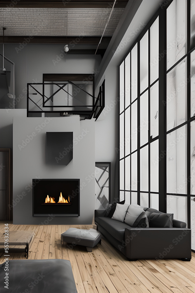 Dark living room loft with fireplace, industrial style , hyper ...
