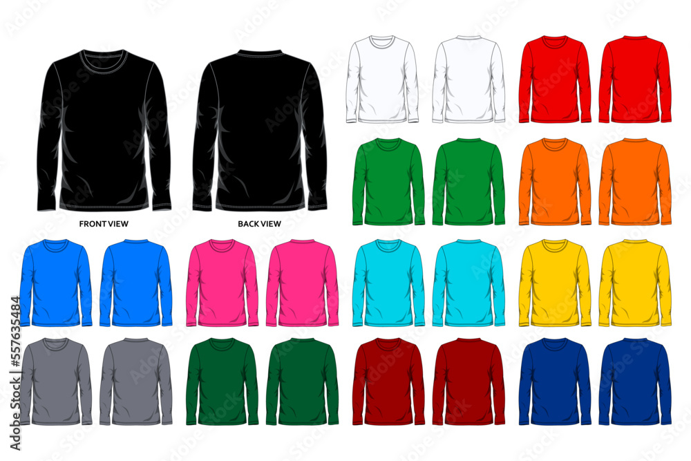 Thirteen colors long sleeve t shirt design template front and back view ...