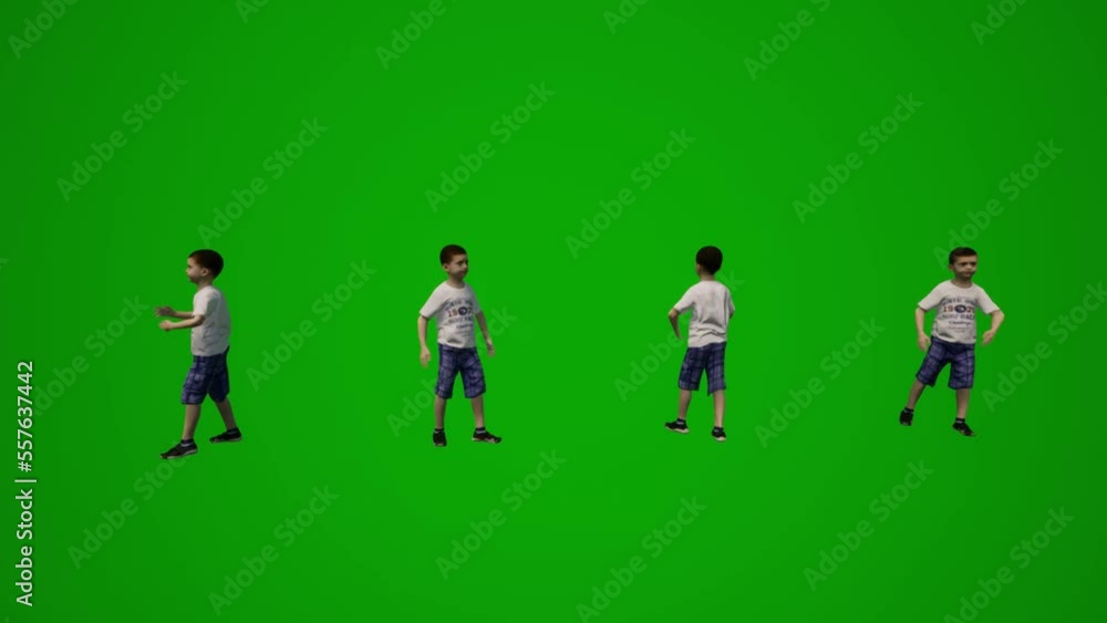 3D of several different little kindergarten boys and girls on green ...