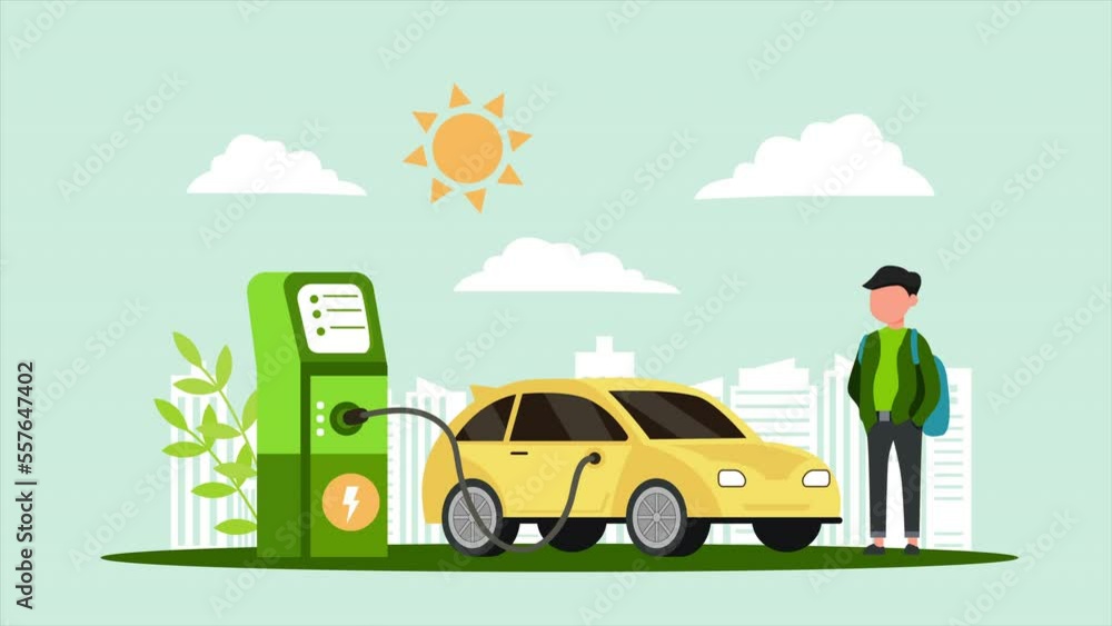 Motion graphic electric car charging station with person, solar energy ...