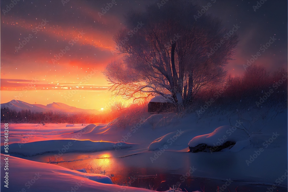 Winter Sunset - snow-covered idyllic winter scene. Natural forest and ...