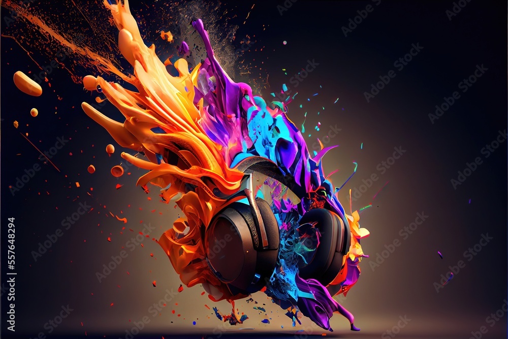 Headphones exploding with color - generative AI image of generic ...