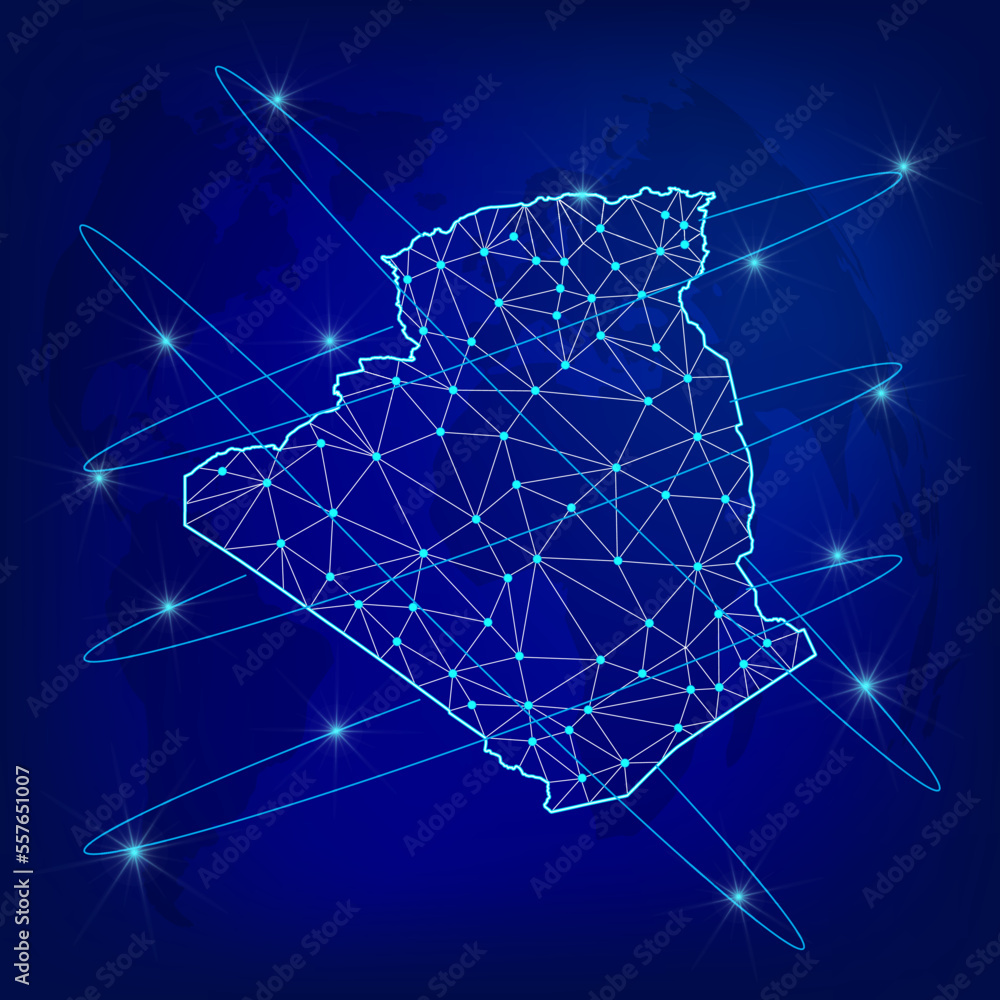 Global logistics network concept. Communications network map Algeria on the world background ...