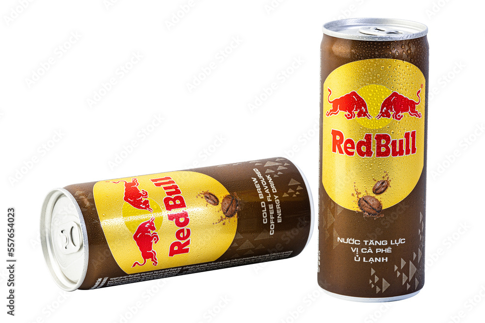 Two cans of Red Bull coffee energy drink 250ml isolated on white ...