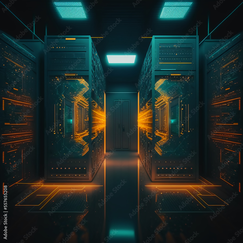 Illustrations Generative AI Imagery of dark servers data center room ...