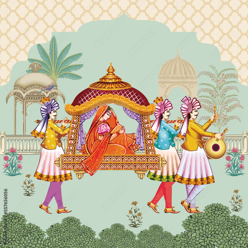 Indian Mughal Palki (Palanquin) colorful vector illustration for ...