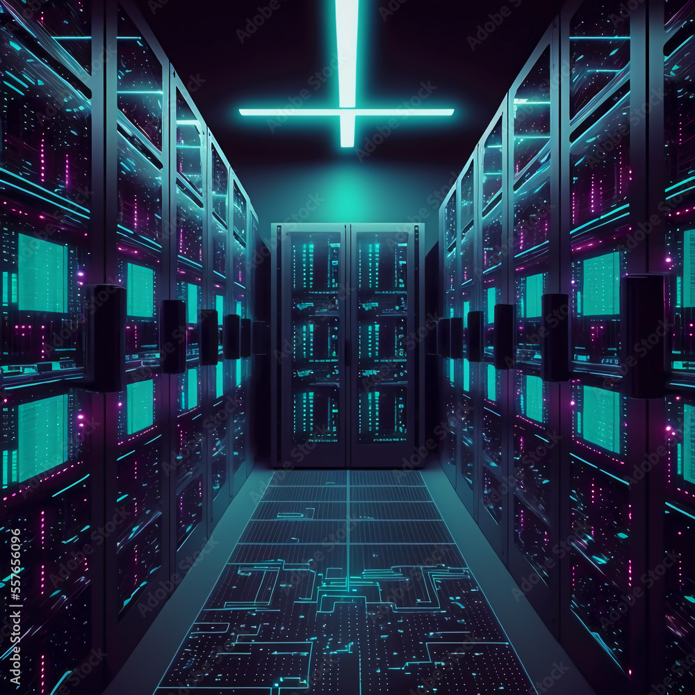 Illustrations Generative AI Imagery of dark servers data center room ...