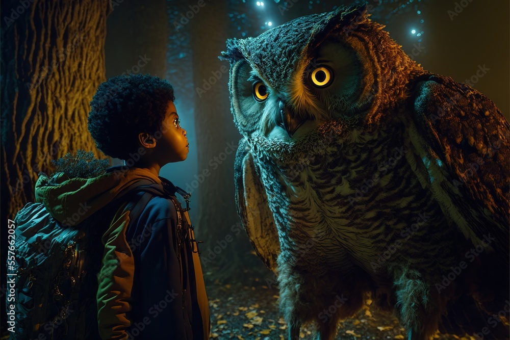 "Owl Monster and a Kid: A Surreal Illustration of a Monster Owl and a ...