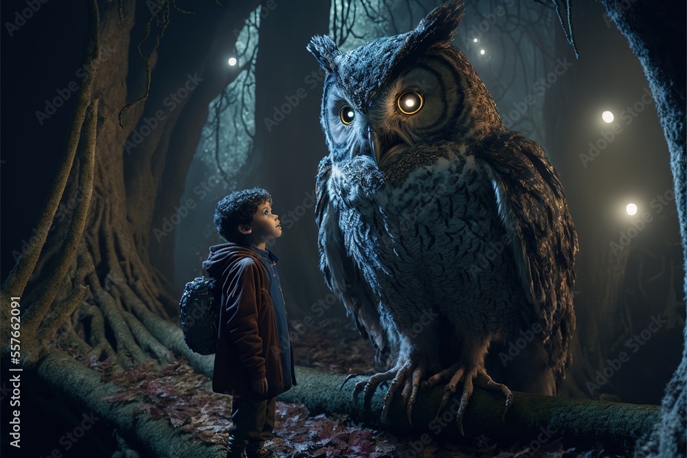 "Owl Monster and a Kid: A Surreal Illustration of a Monster Owl and a ...