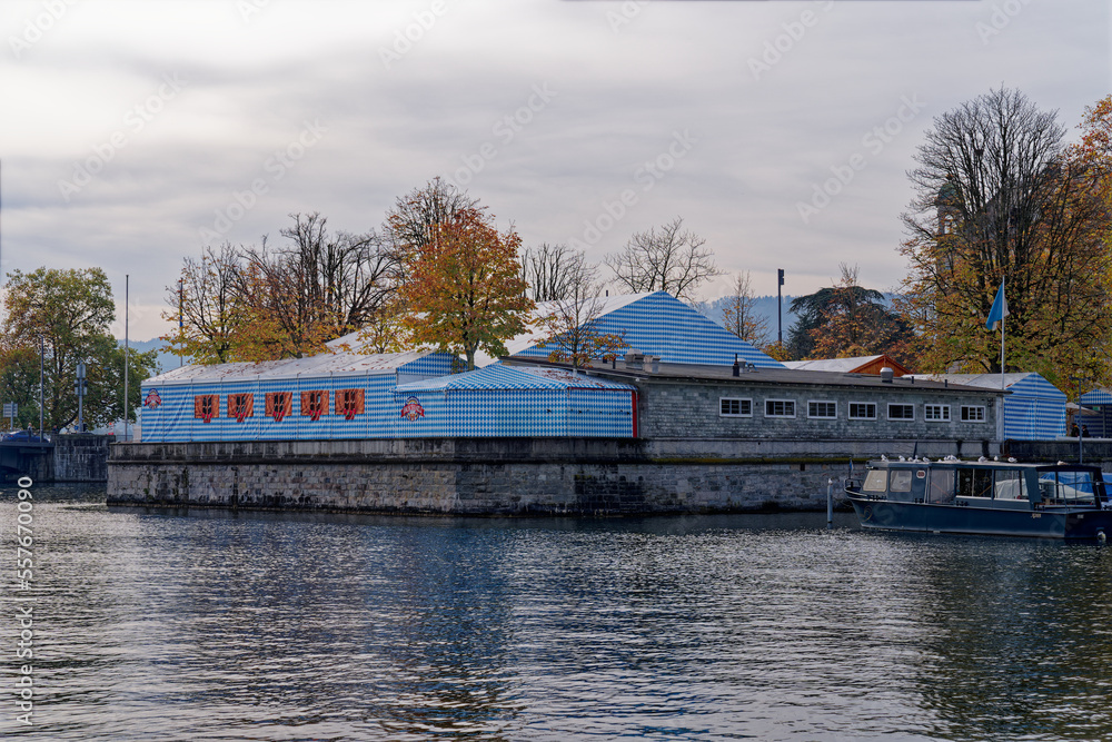 Former fortification named Bauschänzli at City of Zürich with blue and ...