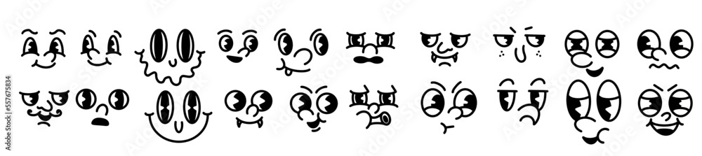 Retro 30s cartoon mascot characters funny faces. 50s, 60s old animation ...