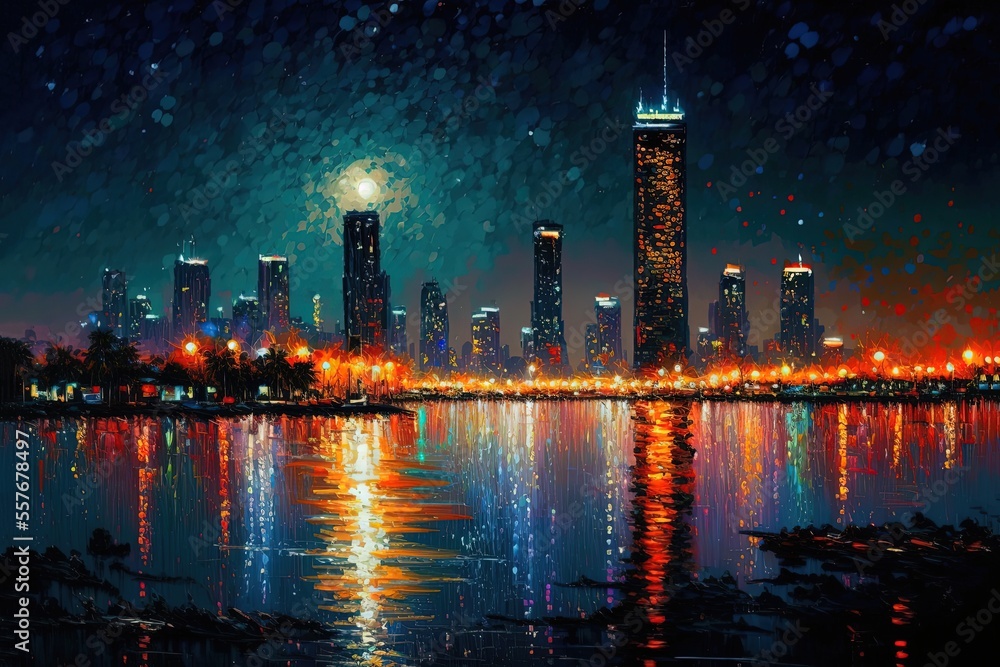 Nighttime City Skyline Painting