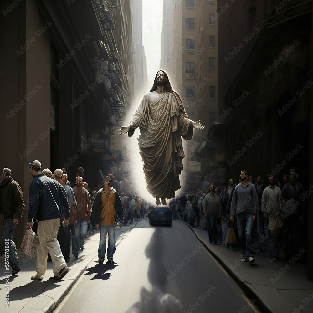 Jesus (Christ) descends to earth and flies among people. Created with ...