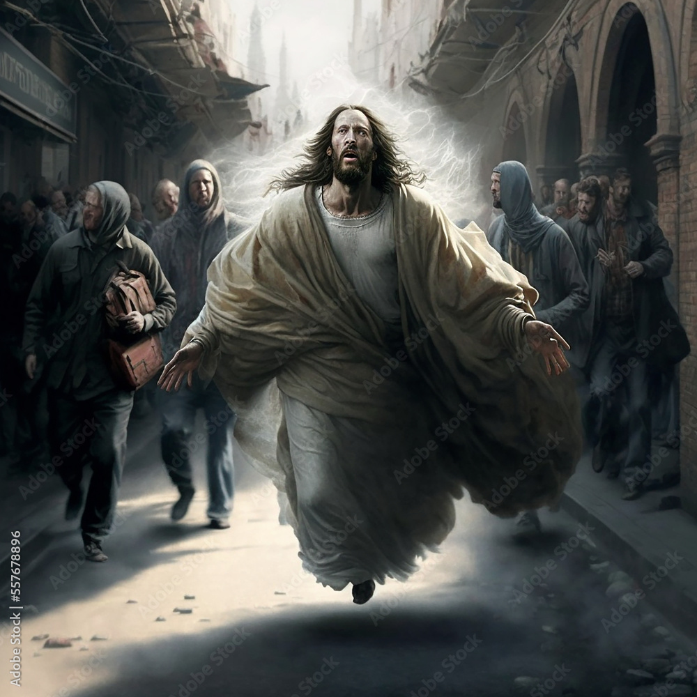 Jesus (Christ) descends to earth and walks among people. Created with ...