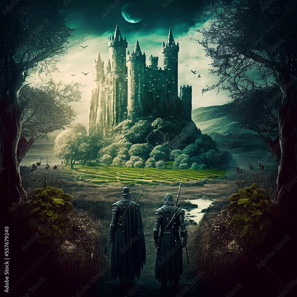 In the foreground are the magician merlin and king arthur. The kingdom ...