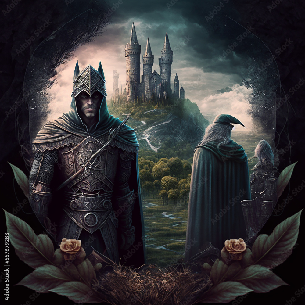 In the foreground are the magician merlin and king arthur. The kingdom ...