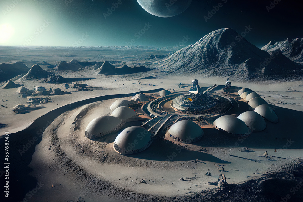 Moon base colony. Aerial view of futuristic buildings located on planet ...