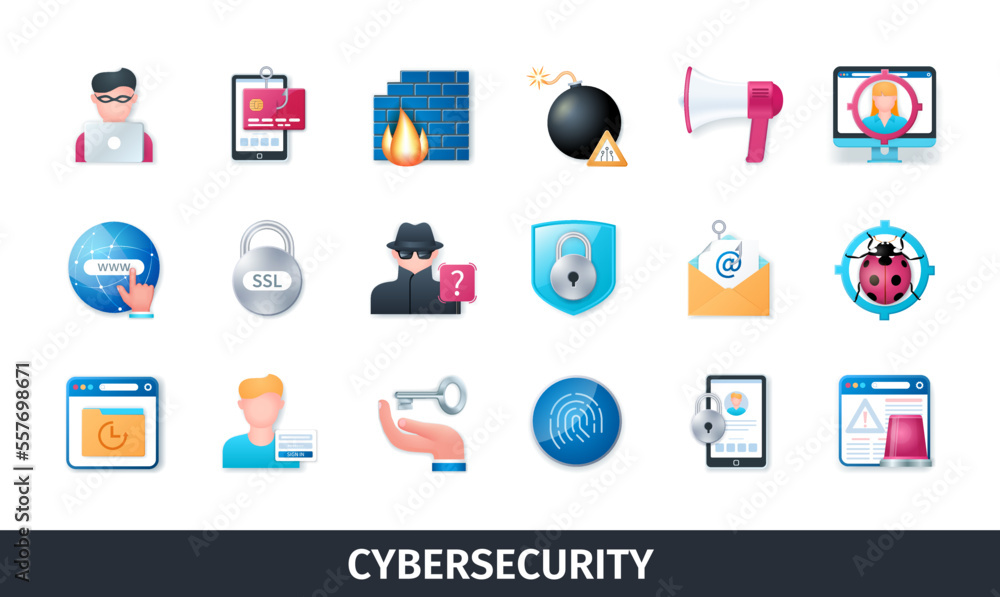 Cybersecurity 3d vector icon set. Firewall, security, backup, password ...