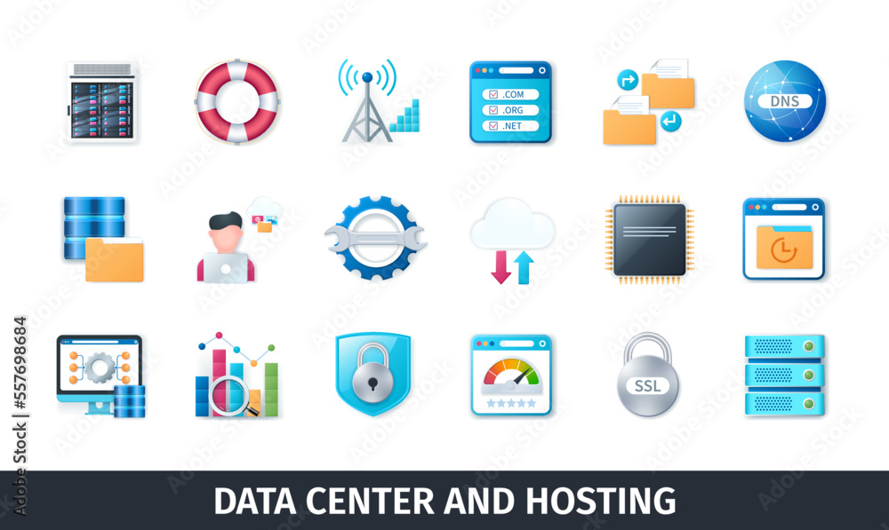Data center and hosting 3d vector icon set. Data, analysis, documents, file, server, statistics ...