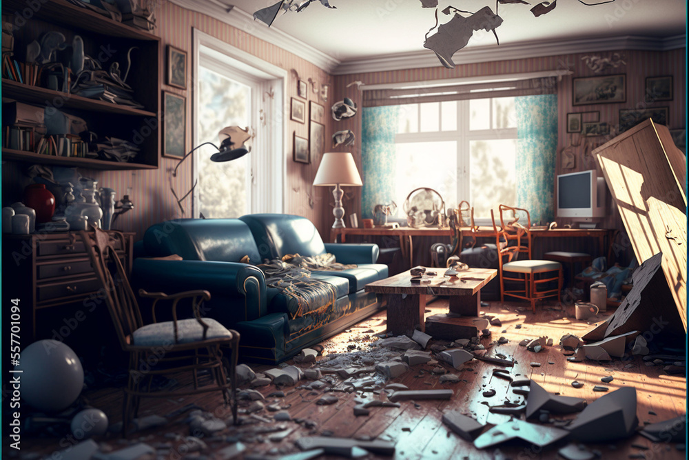 Chaotic living room interior after strong earthquake, front view ...