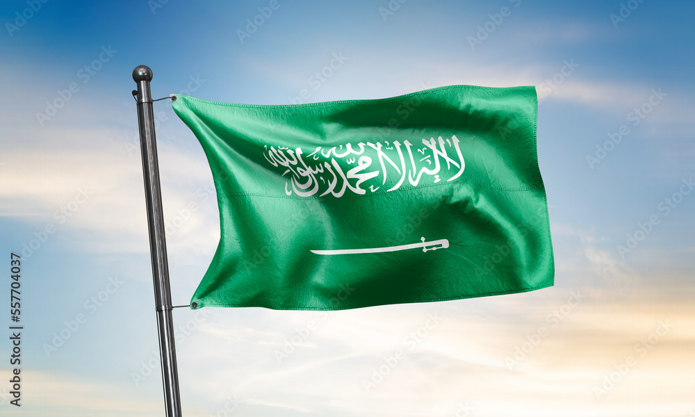 Saudi Arabia flag waving on sky background. 3D Rendering Stock Illustration | Adobe Stock