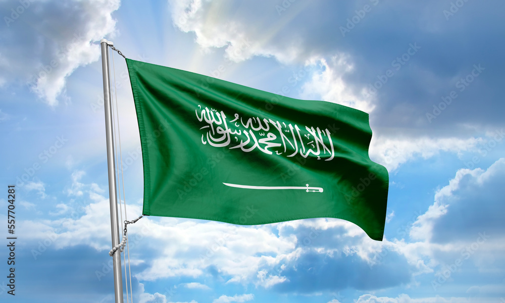 Saudi Arabia flag waving on sky background. 3D Rendering Stock ...